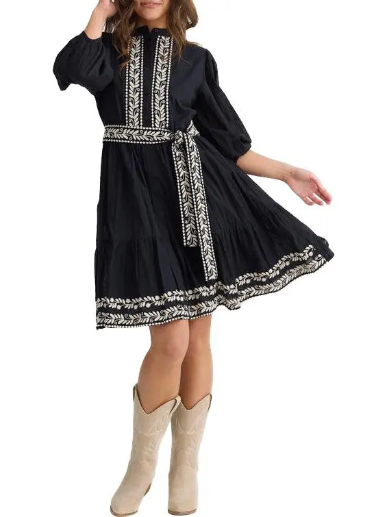 TALISMAN THE LABEL Cala Embroidered Tie-waist Cotton Dress - Black W Off White