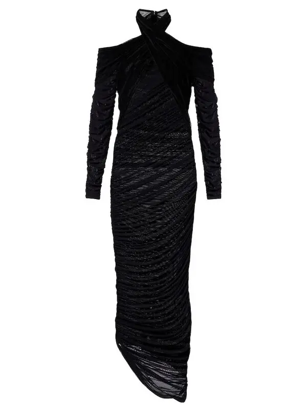 MUGLER Draped Mesh And Velvet Maxi Dress - Black