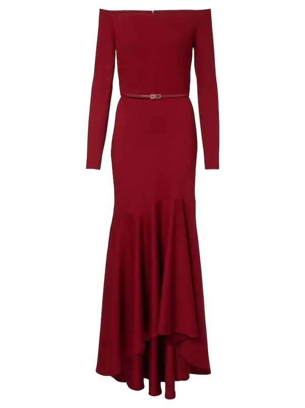 Elie Saab Belted Off-shoulder Jersey Gown - Red