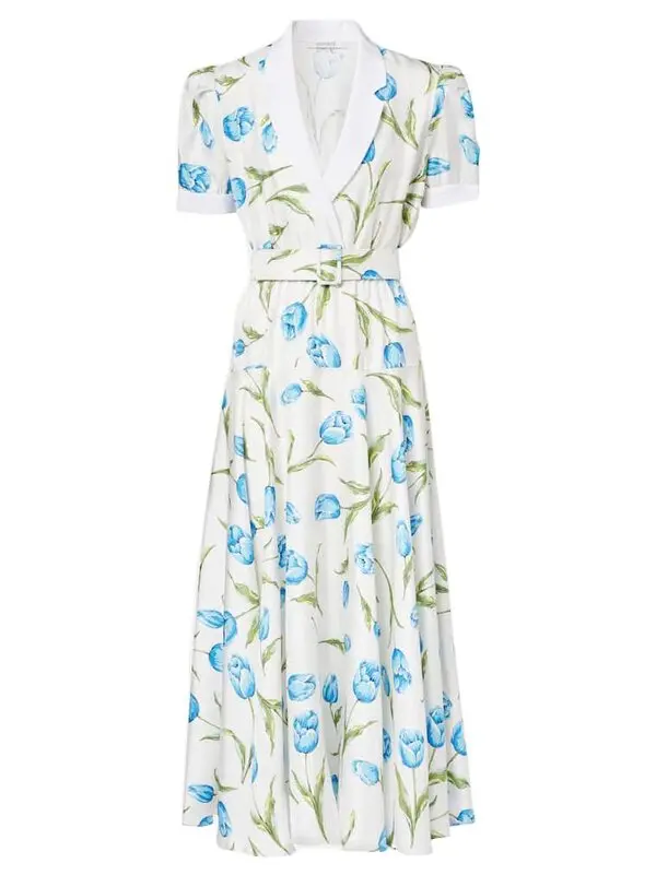 RODARTE Belted Floral Silk Twill Midi Dress - White