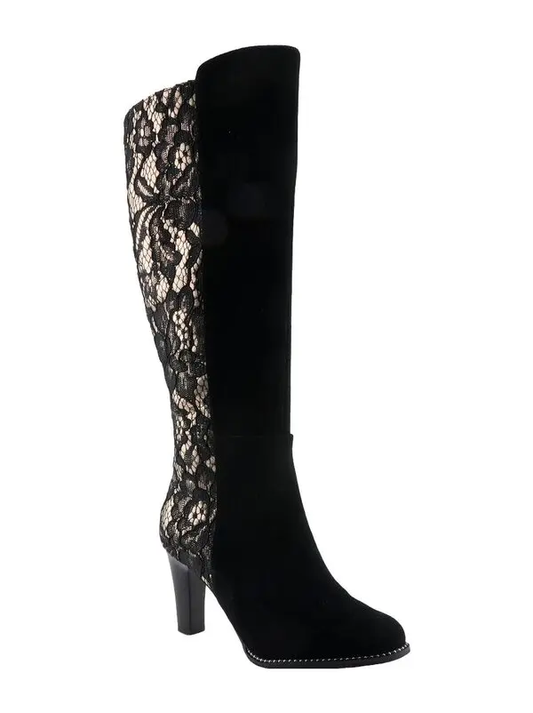 SPRING STEP SHOES Sultana Lace Panel Knee High Boots - Black Multi Suede