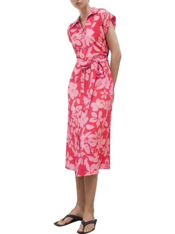 Mango Floral Crinkle Tie Belt Shirtdress - Fuchsia