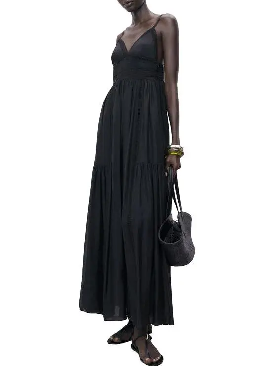 Mango Lace Trim Tiered Maxi Sundress - Black