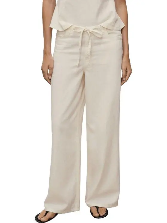 Mango Cotton & Linen Wide-leg Pants - Ecru