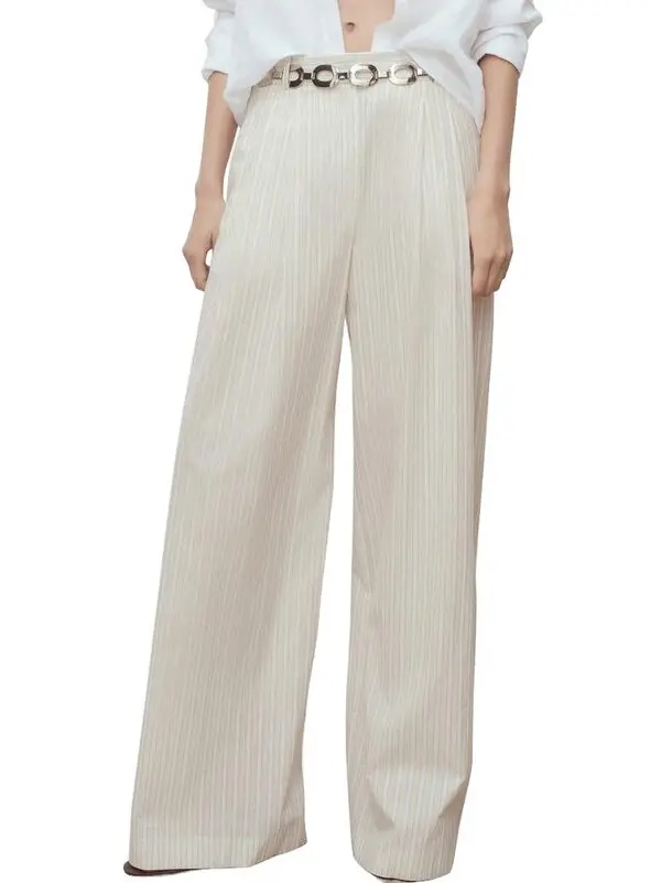 Mango Stripe Cotton Wide-leg Pants - Light/pastel Grey