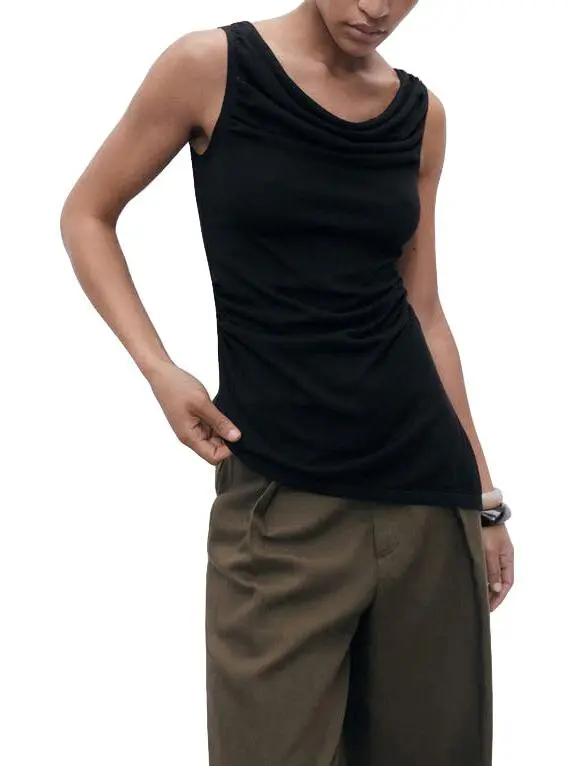 Mango Draped Sleeveless Knit Top - Black