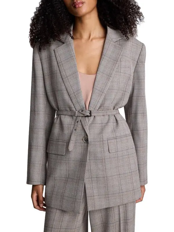 KENNETH COLE Belted Plaid One-button Blazer - Pewter Green Multi