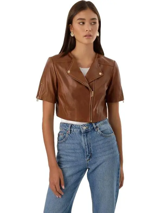 LAMARQUE Kirsi Cropped Biker Jacket - Luggage