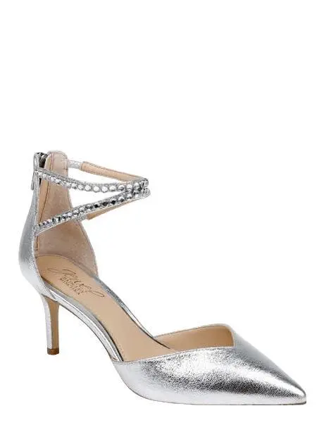Badgley Mischka Emmi Ankle Strap Pointed Toe Pump - Silver Textile