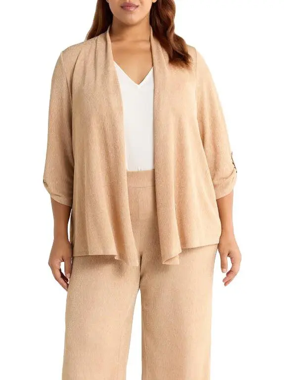 KASPER Three-quarter Sleeve Open-front Cardigan - Soft Sand