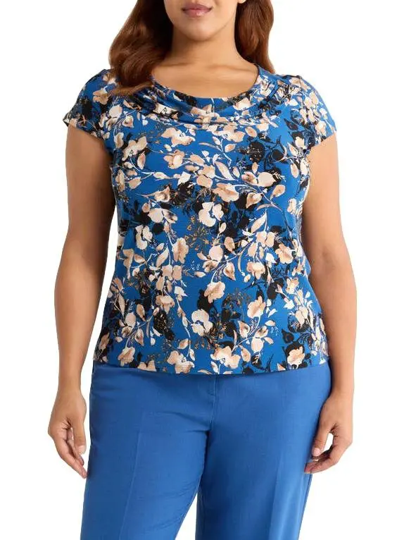 KASPER Floral Cowl Neck Cap Sleeve Top - Blue Night Multi