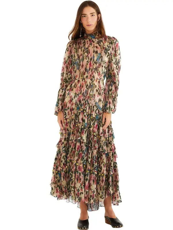 Farm Rio Long Sleeve Floral Maxi Dress - Ikat Tiny Flowers Pink
