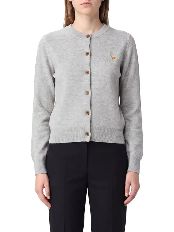 Maison Kitsuné Crew Neck Embroidered Fox Cardigan - Grey