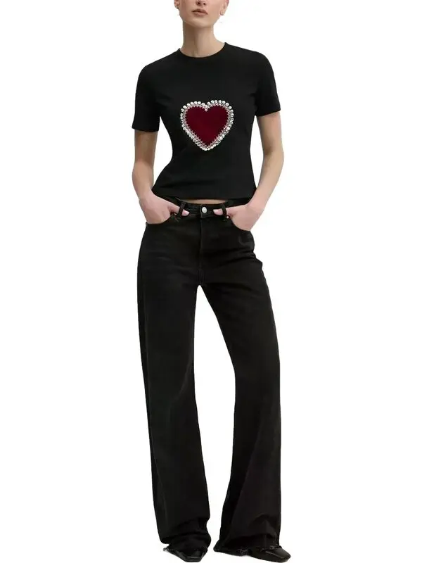 NEVER FULLY DRESSED Velvet-heart Embellished T-shirt - Black