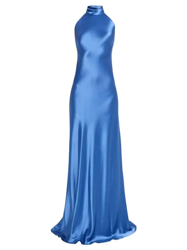 Talbot Runhof Scarf Halter Crepe Satin Gown - Blue