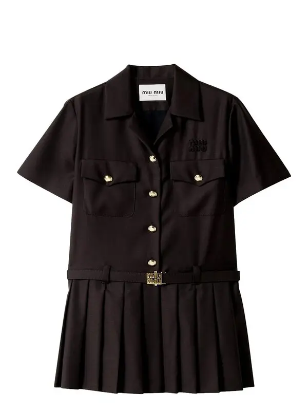 Miu Miu Short-sleeve Pleated Mini Shirtdress With Belt - Ebano