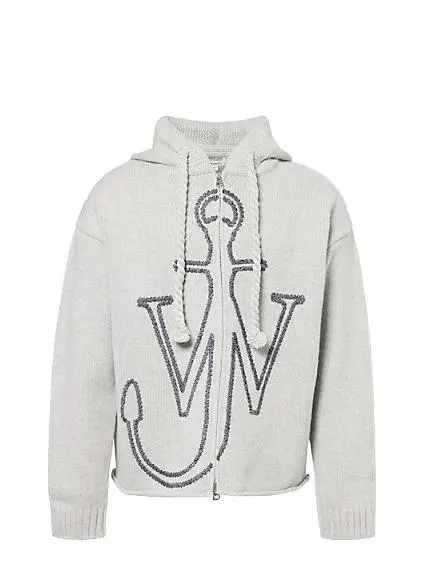 JW Anderson Anchor Zip-up Knitted Wool Hoody - Light Grey Melange