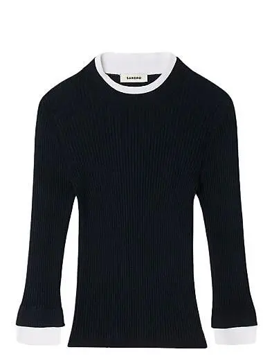 Sandro Knitted Jumper With Brand Plaque - Navy Blue