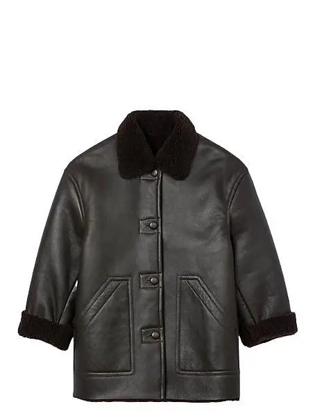 Sandro Boxy-fit Shearling Coat - Black Brown
