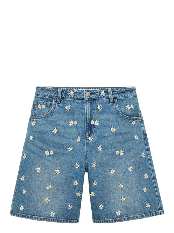 Mango Floral Embroidered Denim Bermuda Shorts - Medium Blue