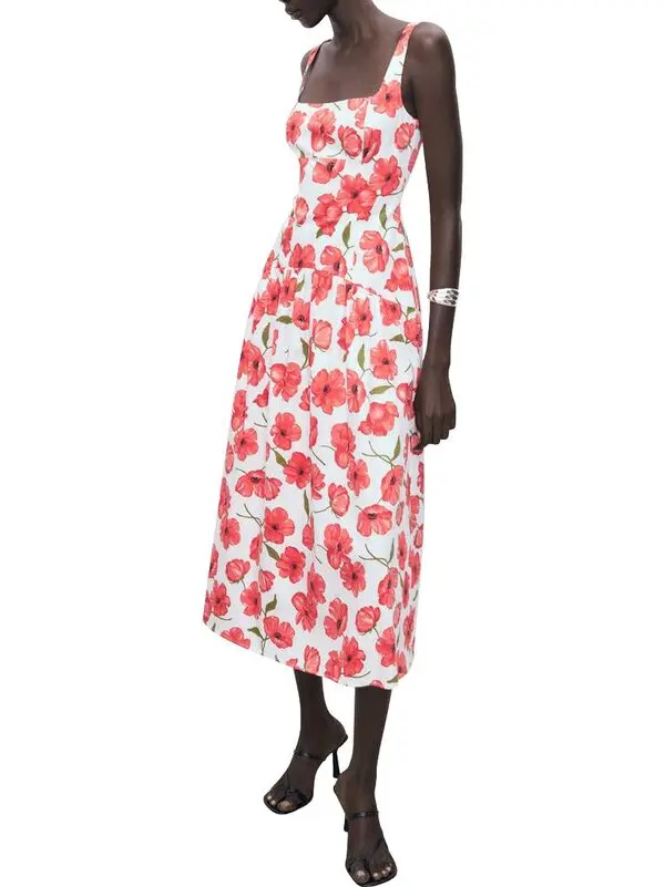 Mango Printed Sleeveless Flared Dress - Off White