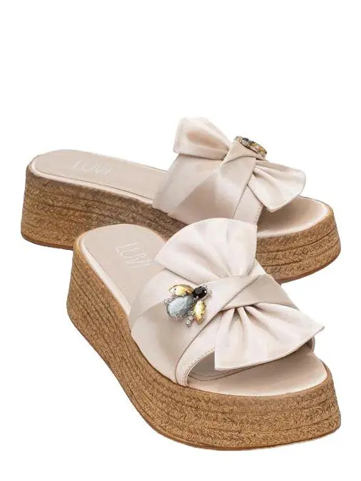 PROLOGUE SHOES Braided Bow Platform Sandal - Beige Satin Faux Leather