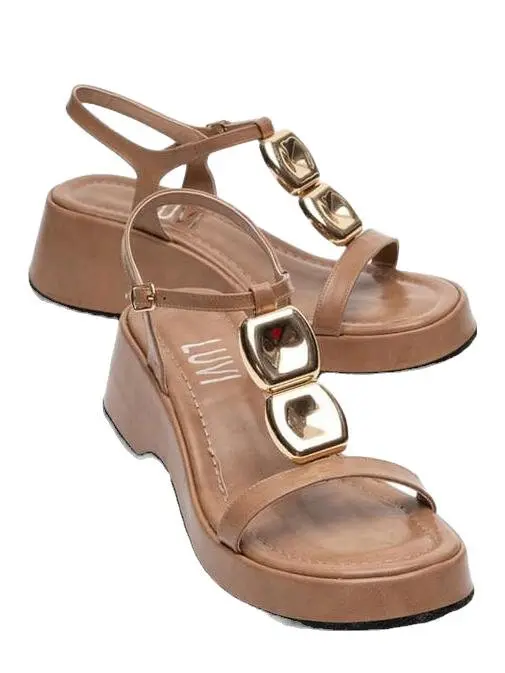 PROLOGUE SHOES Kerry Buckle Platform Sandals - Dark Beige Faux Leather