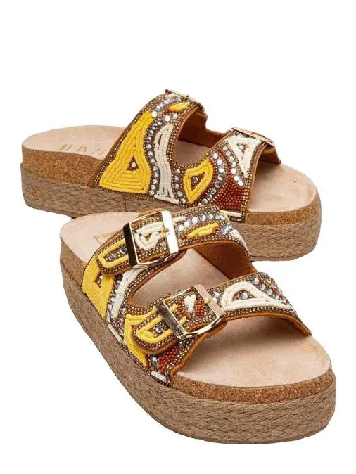 PROLOGUE SHOES Bobby Beaded Platform Slide Sandals - Yellow Faux Leather