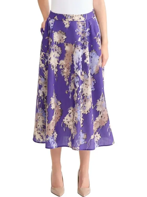 Misook Floral Print Crêpe De Chine Midi Skirt - Purple Multi