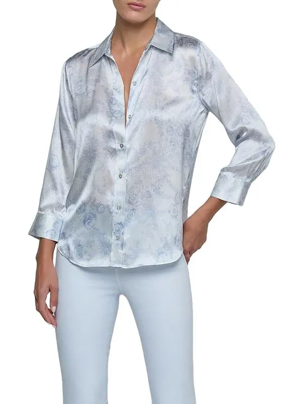 L'Agence Dani Lace Print Silk Shirt - Ivory Mist/blue Lace Print