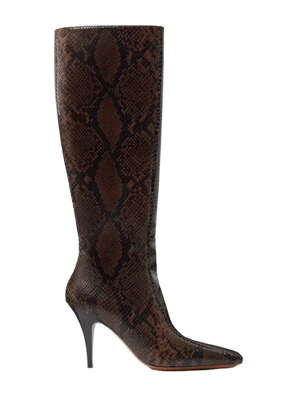 Stella McCartney Square-toe Snake Knee-high Stiletto Boots - Coffee