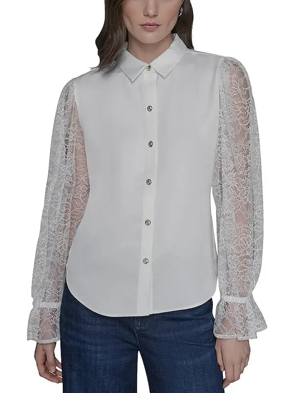 Karl Lagerfeld Paris Lace Sleeve Button-up Blouse - Soft White