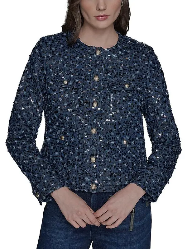 Karl Lagerfeld Paris Collarless Sequin Jacket - Indigo/black