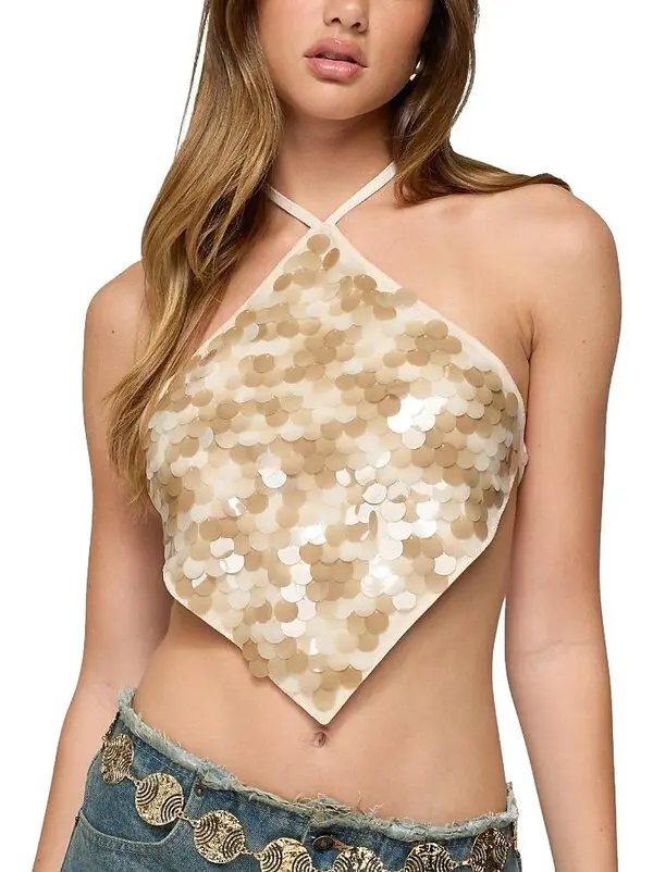 EDIKTED Dixie Backless Sequin Triangle Top - Cream