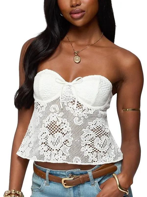 EDIKTED Sheer Crochet Strapless Cupped Top - White