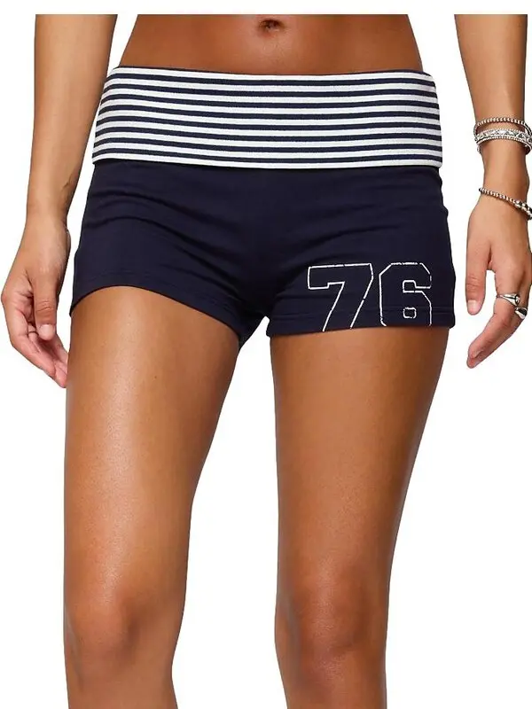 EDIKTED 76 Stripey Fold Over Shorts - Navy And White