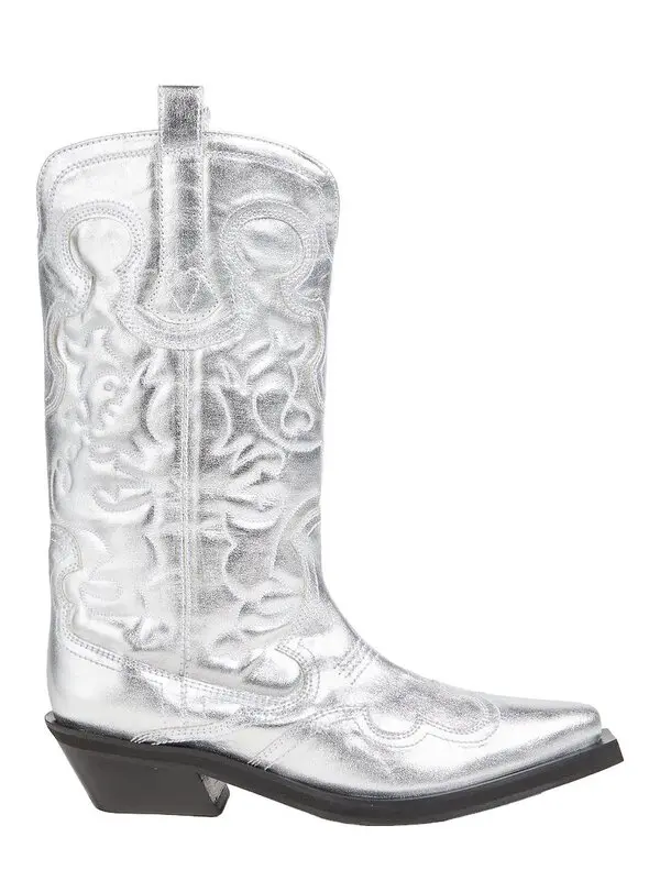 GANNI Embroidered Metallic Cowboy Boots - Silver