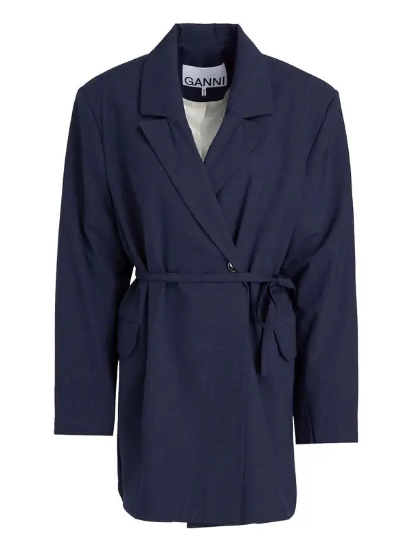 GANNI Double-breasted Belted Woven Blazer - Navy