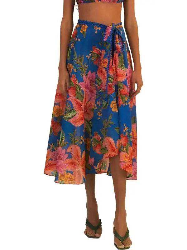 Farm Rio Floral Wrap Midi Skirt - Blue