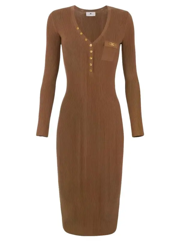 Elisabetta Franchi Ribbed Knit Midi Dress - Brown