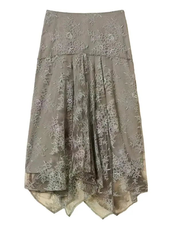 TWINSET Floral Lace Asymmetric Midi Skirt - Grey