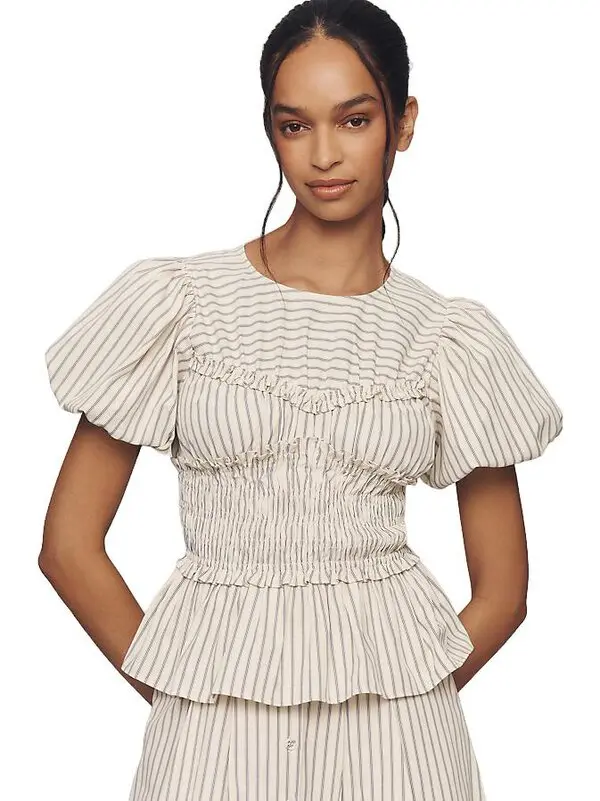 EN SAISON Azra Puff-sleeve Peplum Top - Ivory/navy