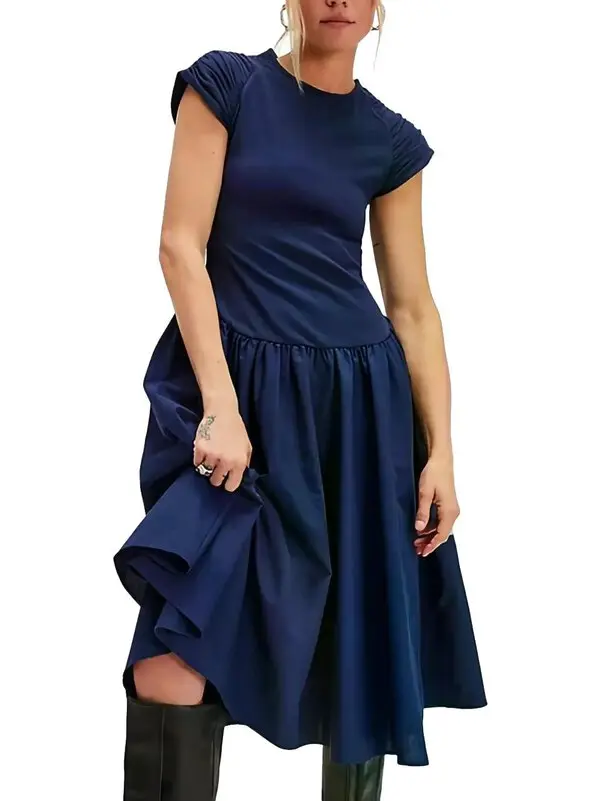 Free People Afternoon Elegance Pleated-shoulder Midi Dress - Blue