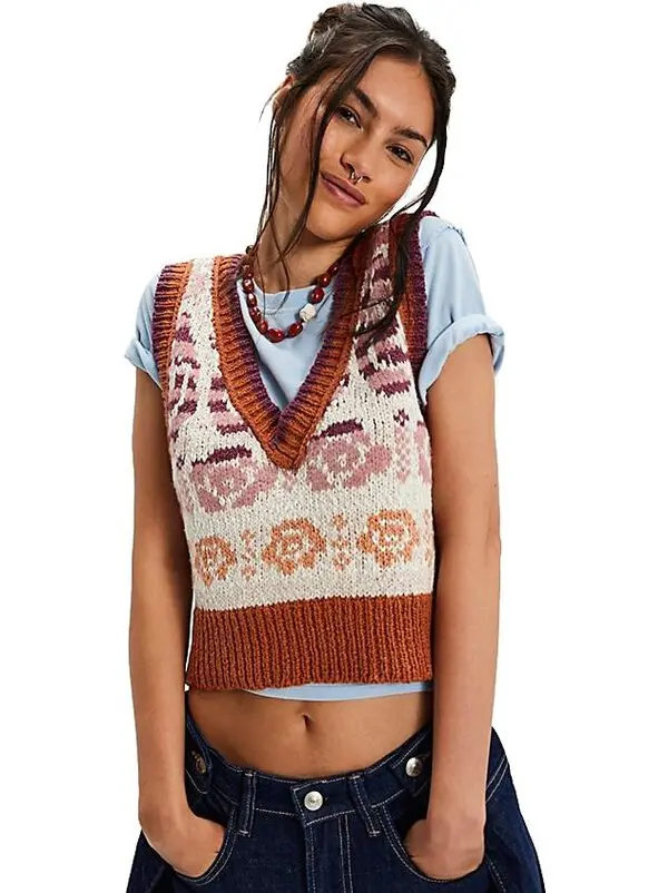 Free People Rose Print Sweater Vest - Neutral Combo