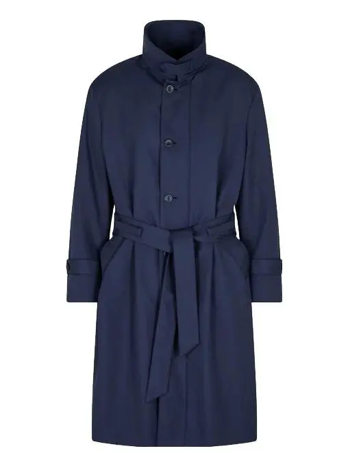 Giorgio Armani Single-breasted Trench Coat In Nylon And Wool - Blue