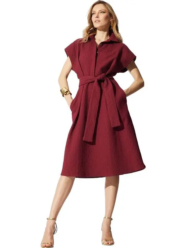 Natori Textured Cotton Jacquard Shirtdress - Red