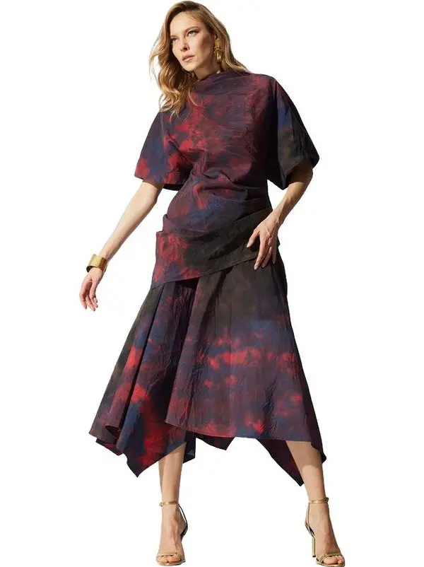 Natori Niji Tie Dye Taffeta Asymmetric Draped Top - Red