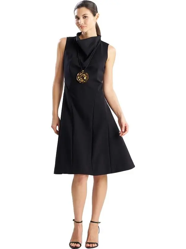 Natori Techno Crepe Fit & Flare Funnel Neck Dress - Black