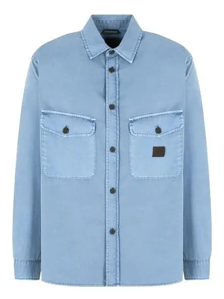 Emporio Armani Comfort-fit Shirt With Washed Twill Pockets - Blue