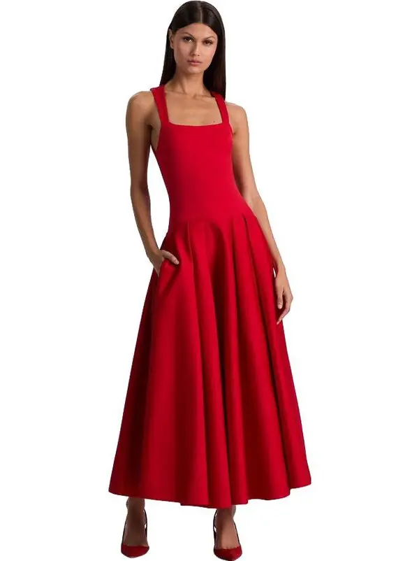 Alice + Olivia Adley Drop Waist Midi Dress - Red